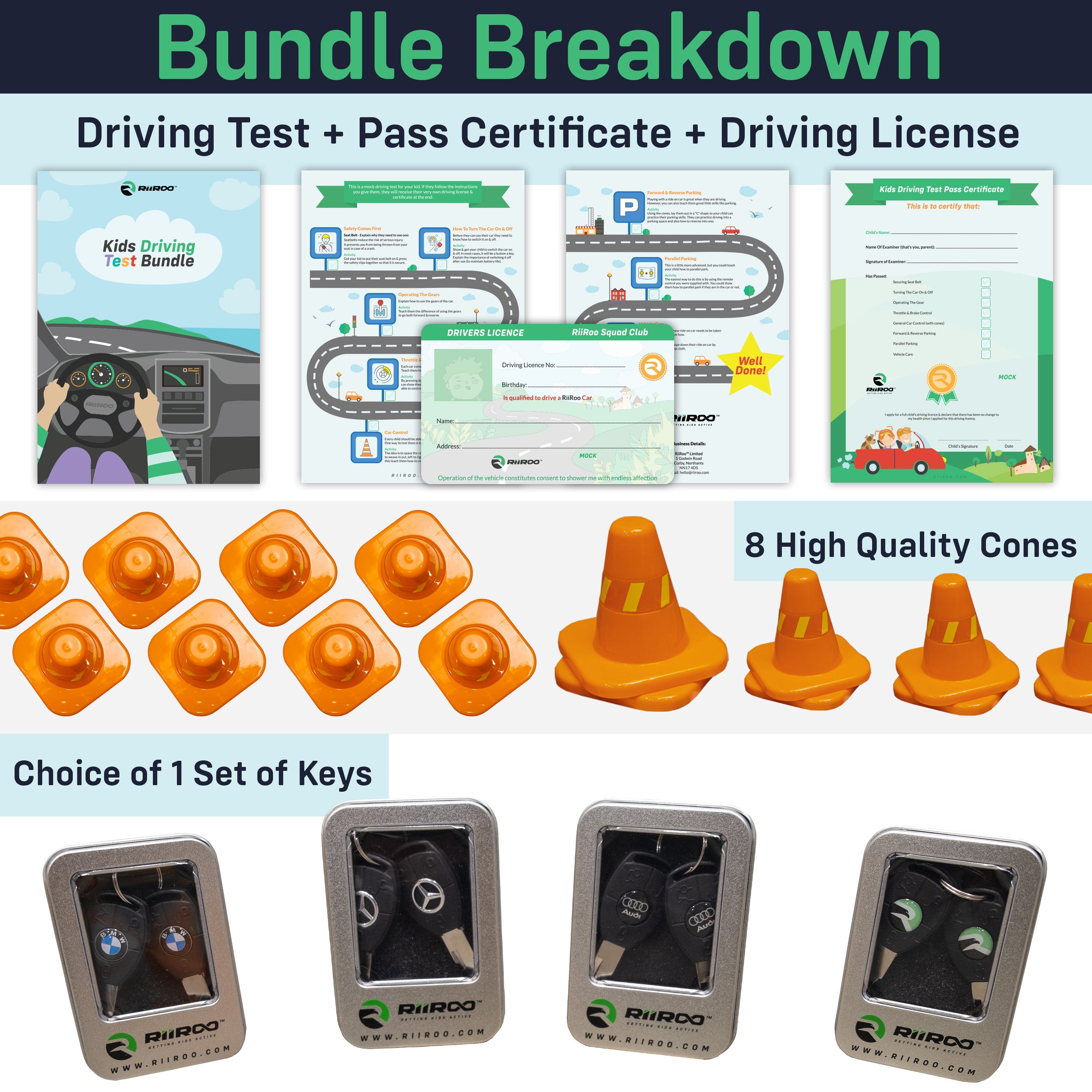 RiiRoo Driving Test Kit - Certificate - License - Cones-Keys